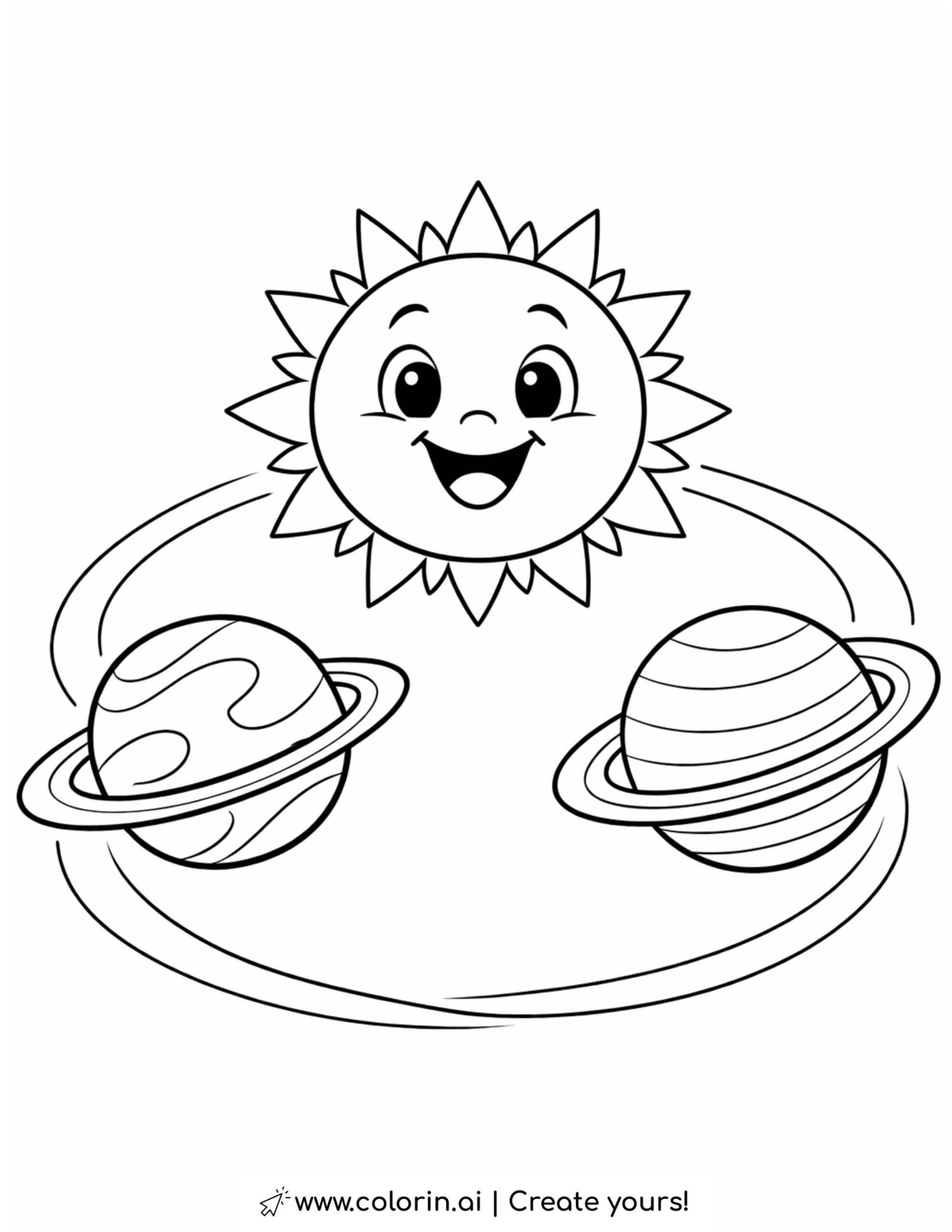 Smiling Sun with Orbiting Planets Coloring Page | Free